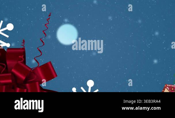 Animation of snow falling over christmas trees and decorations ...