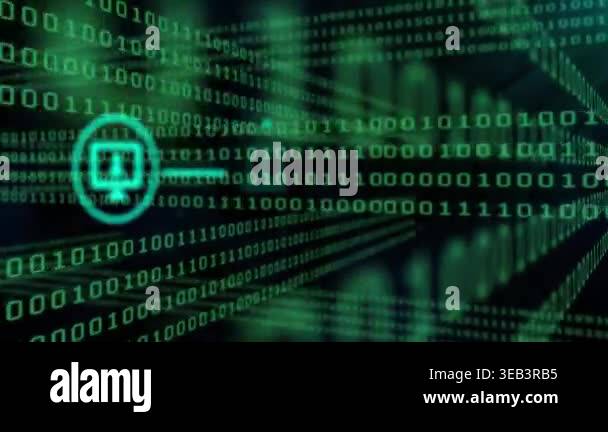 Animation of data processing with icons and qr code over binary coding ...