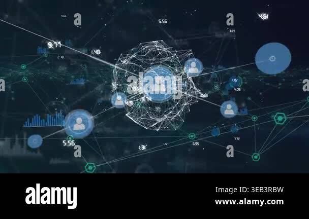 Animation of network of connections with icons over data processing and ...