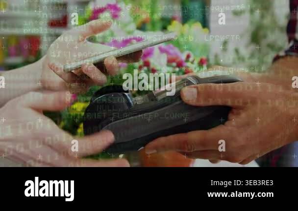 Animation of binary code over hands of diverse woman and man using ...