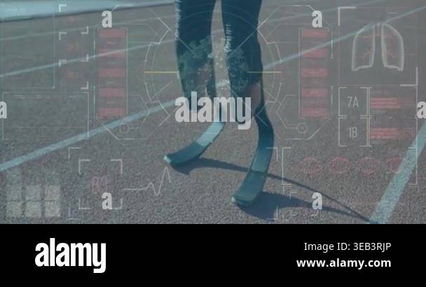 Animation of digital screen over african american man with running ...