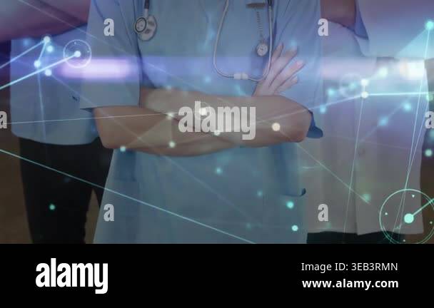 Healthcare professionals using stethoscopes with animated network ...