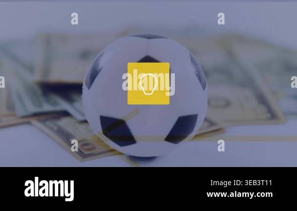 Animation of network of digital icons against soccer ball and dollar ...