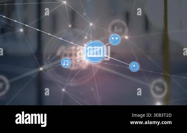 Animation of cityscape over network of connections. Global business and ...