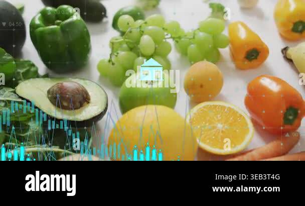 Line graph animating data over overhead produce, initiating icons ...