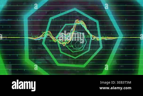 Animation of neon shapes and graphs on black background. Global finance ...