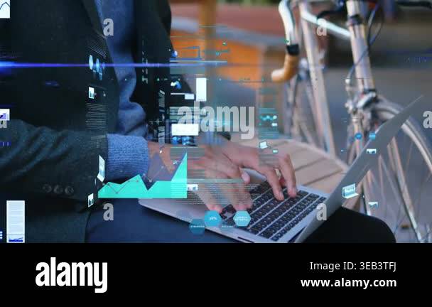 Animation of statistical data processing over businessman using laptop ...