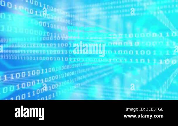 Animation of binary code and scientific data processing on blue ...