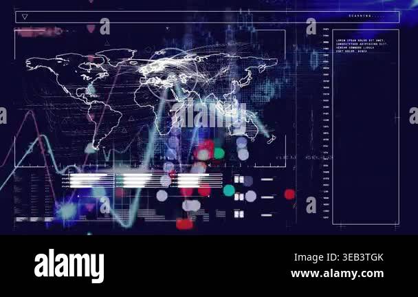 Animation of digital screen with diverse data and graphs over black ...