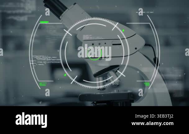 Animation of viewfinder and data over microscope. Science, medicine and ...