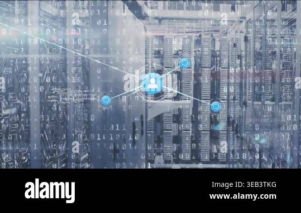 Animation of network of connection with people icons and binary coding ...