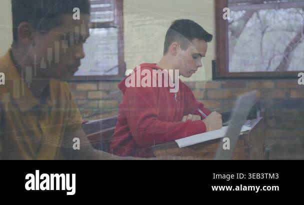 Animation of globe rotating with graphs over multiracial student ...