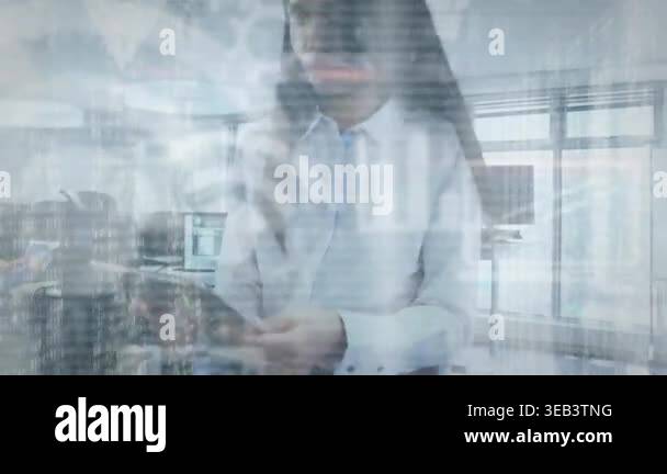 Animation of digital icons over businesswoman using digital tablet at ...