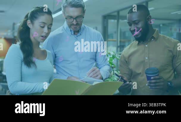 Animation of letters and data processing over business people in office ...