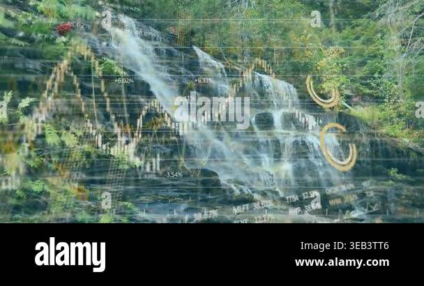 Animation of stock market data and graphs overlaying waterfall in lush ...