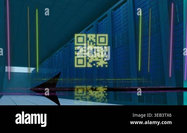 Animation of neon qr code scanner and arrow icon against computer ...