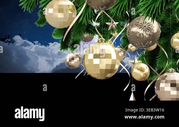 Animation of christmas tree with decorations and santa claus in sleigh ...