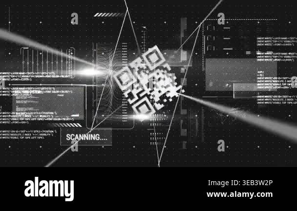 Scanning and analysis complete animation over digital data and QR code ...