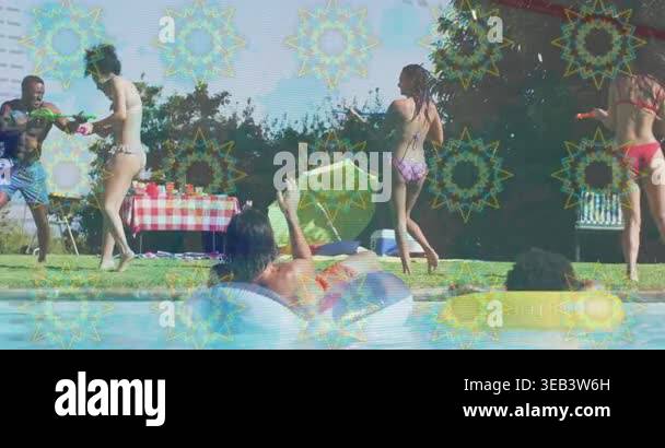 Animation overlay with colorful geometric and binary code at outdoor ...