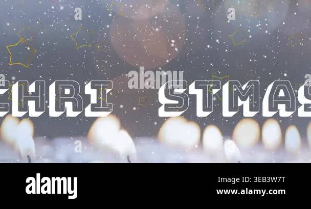 Animation of snow falling over merry christmas text banner against ...
