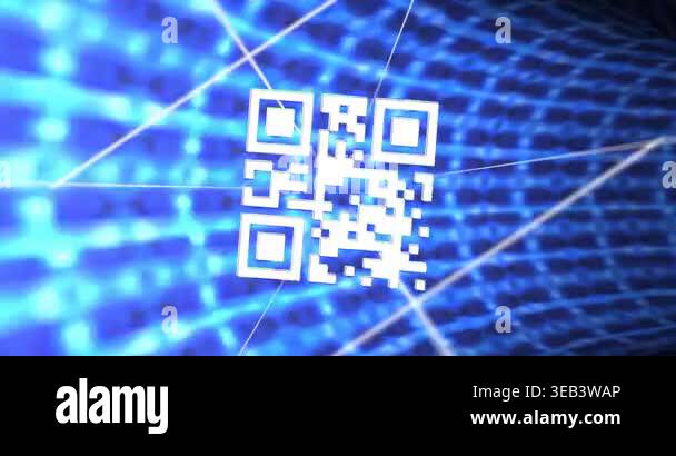 Animation of flickering qr code over tunel of neon lights. Global ...