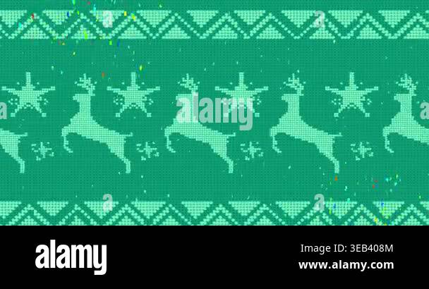 Animation of confetti over traditional christmas pattern against green ...