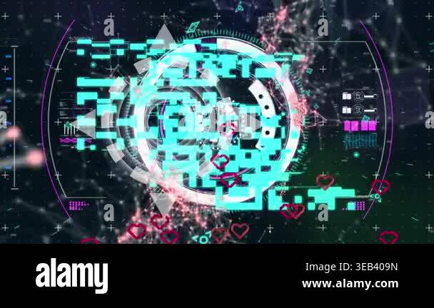 Animation of hearts floating over qr code and data processing. data ...