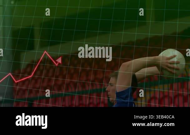 Playing volleyball, person with red financial graph animation ...