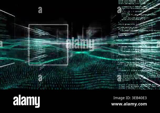 Animation of waves with data processing over black background. Global ...