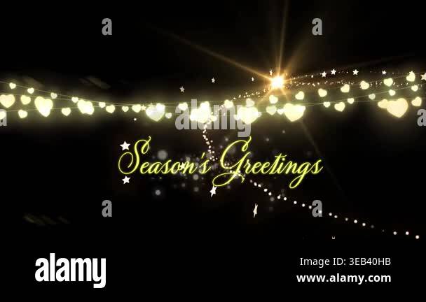 Animation of seasons greetings text over christmas tree and stars ...