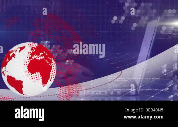 Animation of spinning globe and network of profile icons against person ...