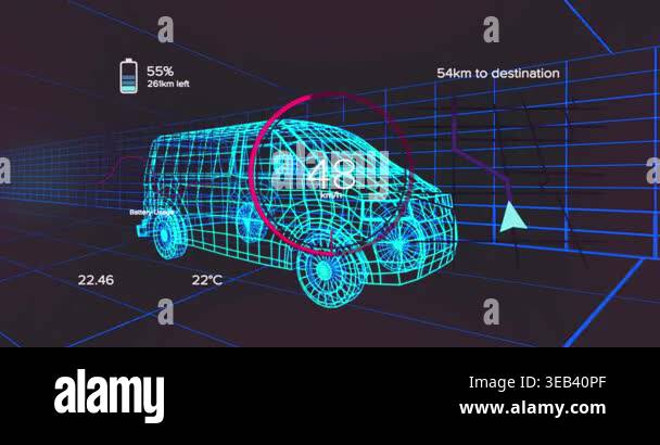 Animation of speedometer and data processing over 3d van model against ...