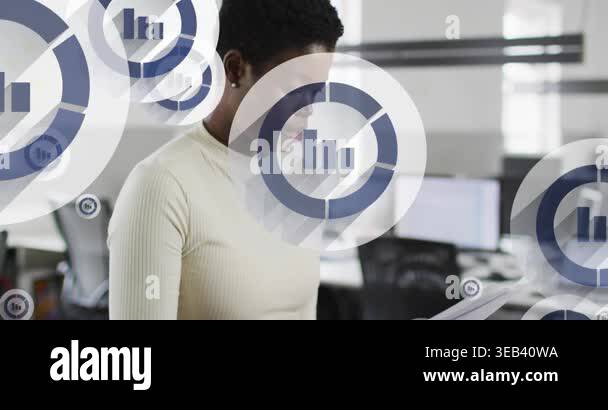 Animation of bar graph icons floating against african american woman ...