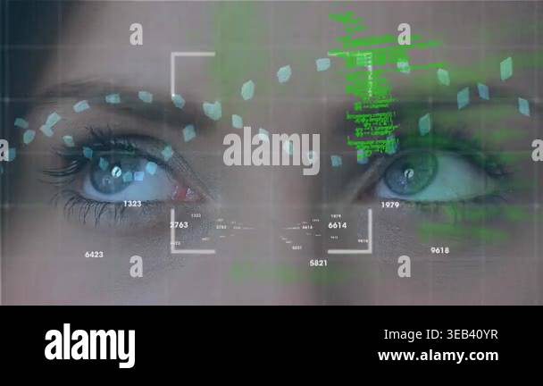 Animation of statistics and data processing over woman wearing face ...