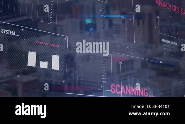 Animation of interface with data processing against aerial view of ...