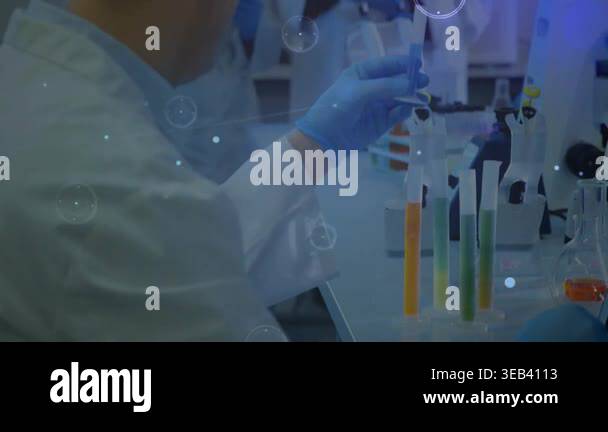 Scientists working in laboratory with data processing animation over ...