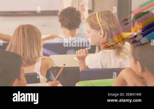 Animation of crayons over caucasian girl talking with friend during ...