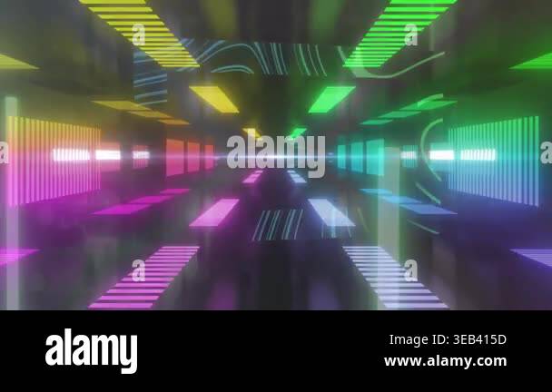 Animation of neon shapes on black background. Global retro future ...