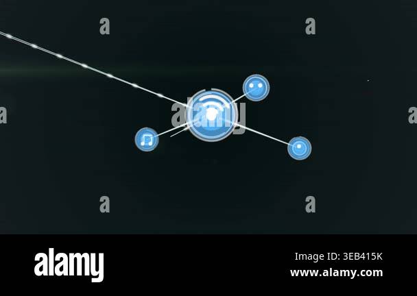 Animation of network of digital icons over green light spot moving ...