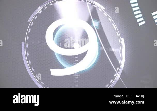 Animation of countdown of timer in circle, multicolored glares over ...