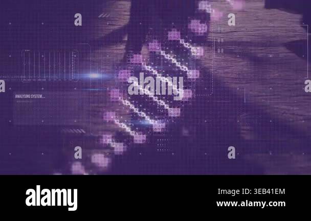 Animation of dna and diverse data over street with walking people ...