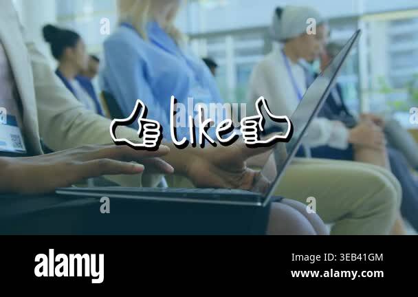 Animation of like text over diverse people using laptop. Social media ...