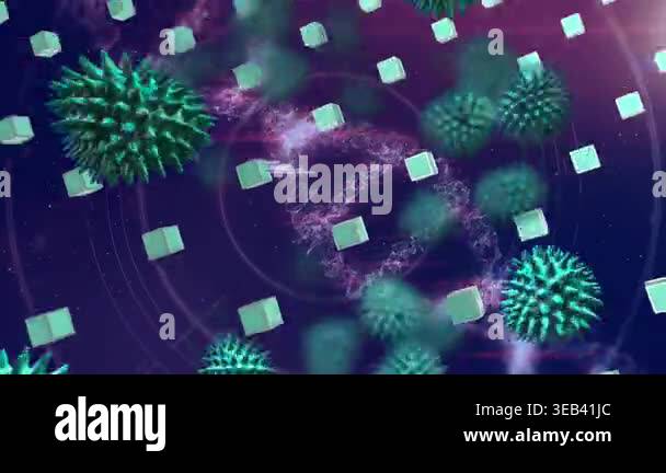 Animation of covid 19 cells, dna strand and rows of green cubes over ...