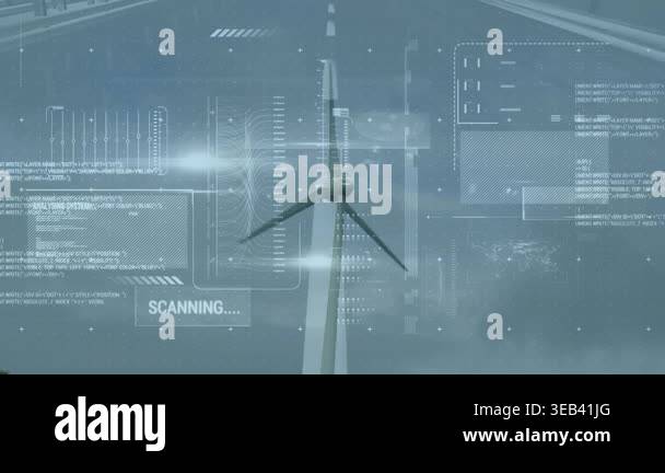Animation of financial data processing over wind turbine. Global ...