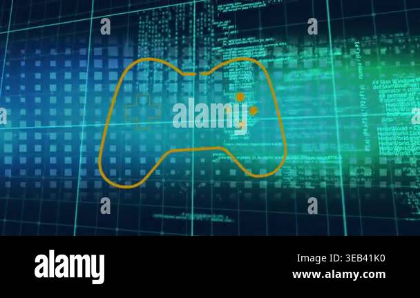 Animation of video game pad and data processing over grid. Global video ...