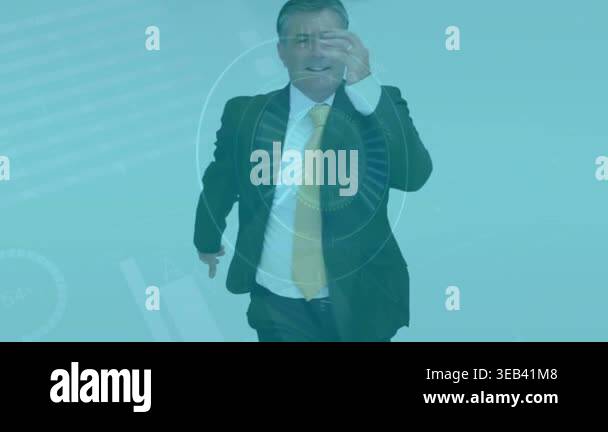 Animation of data processing over caucasian businessman running. Global ...
