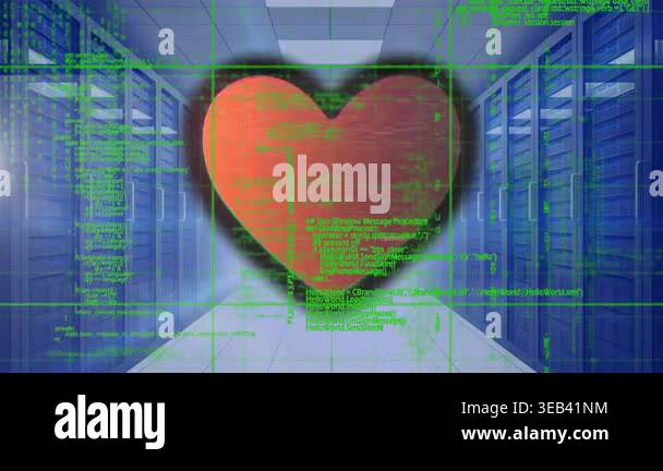 Animation of heart icon and data processing over computer servers ...