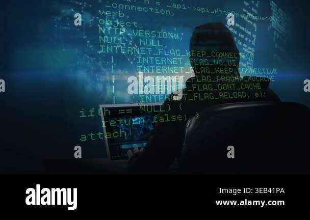 Animation of data processing over caucasian male computer hacker in ...