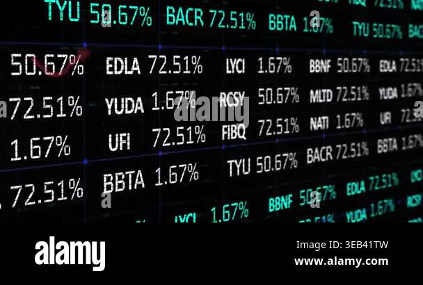 The animation shows blue and white numbers and stock market statistics ...