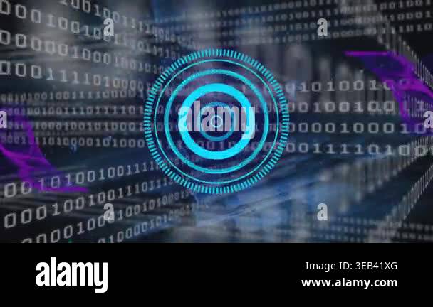 Animation of processing circle, binary code and smoke in black digital ...
